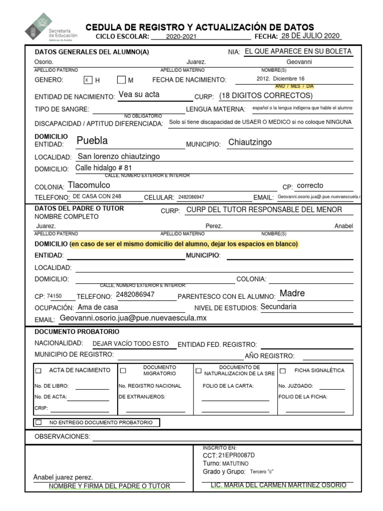 1 Ejemplo de Llenado Formato Inscripcion | PDF