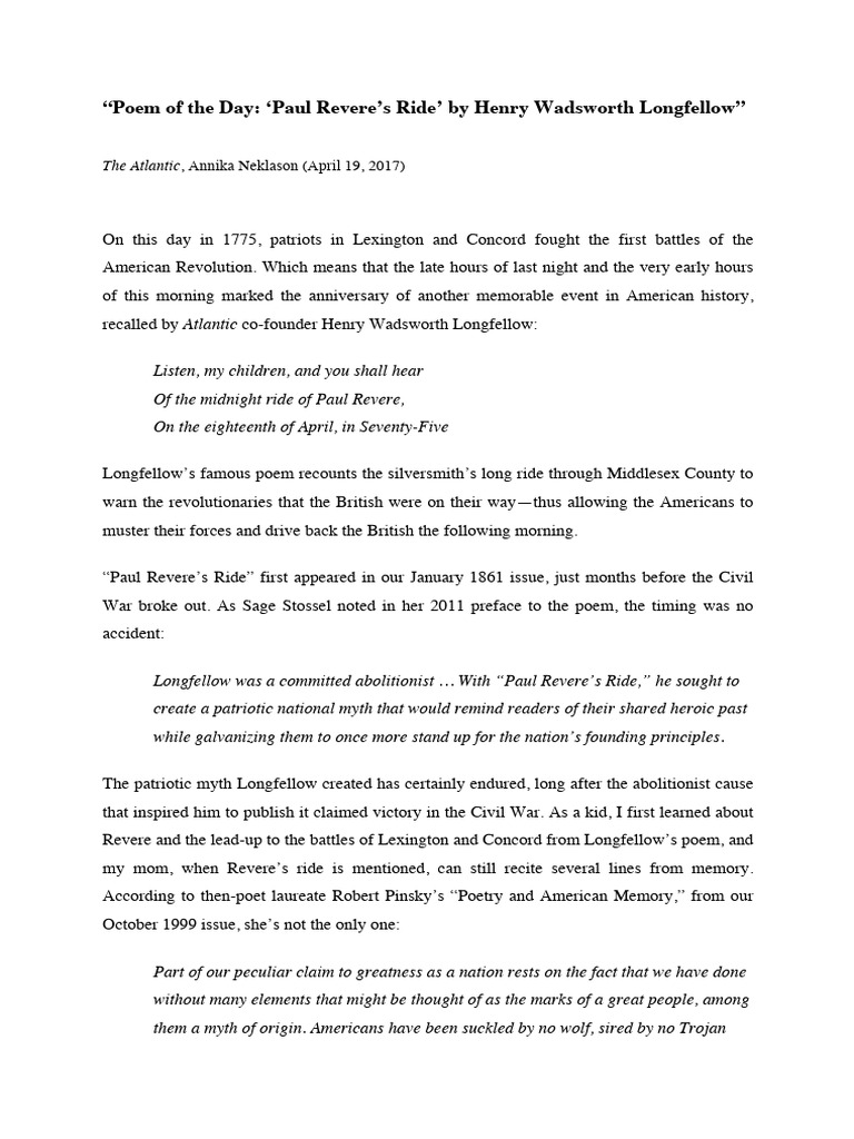 Poem of The Day Paul Reveres Ride - The Atlantic | PDF | Henry ...