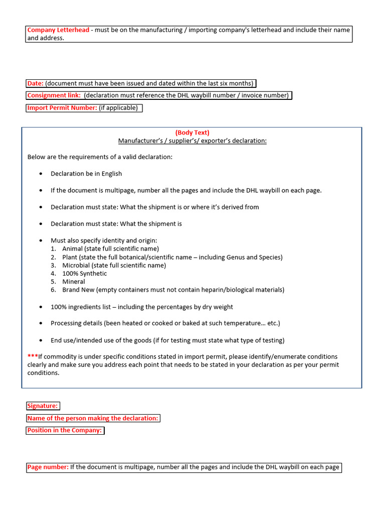 Manufacturer's Declaration Template | PDF