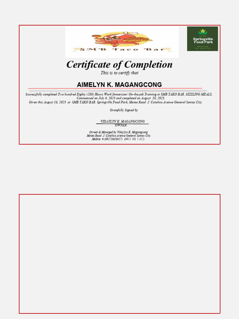 Certificate of Completion for Work Immersion | PDF