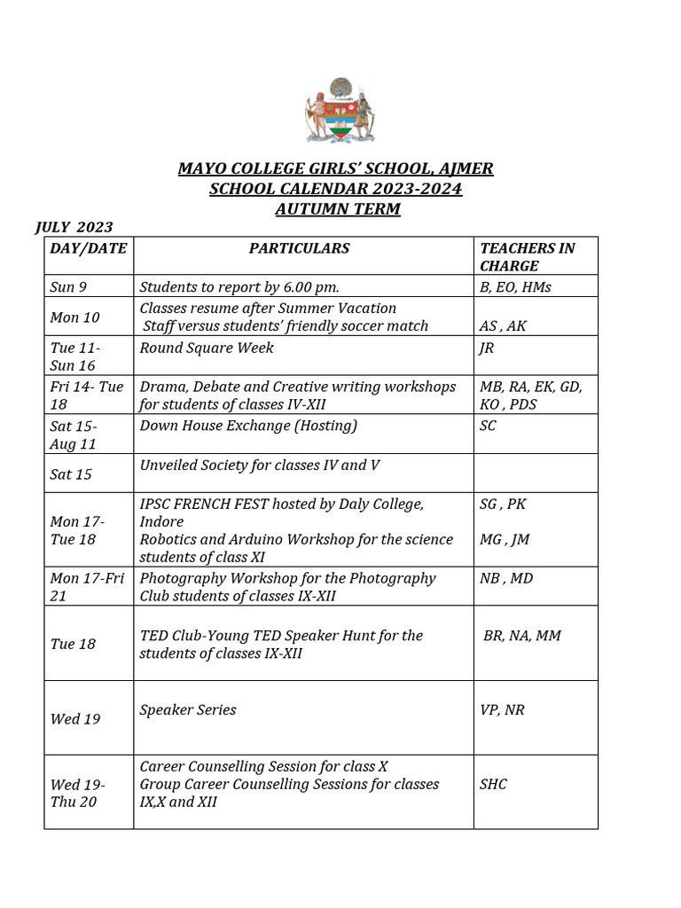 Autumn Term School Calendar 2023-24 | PDF