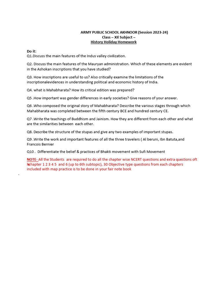 Summer Vacation Holiday Homework For Class 12 | PDF