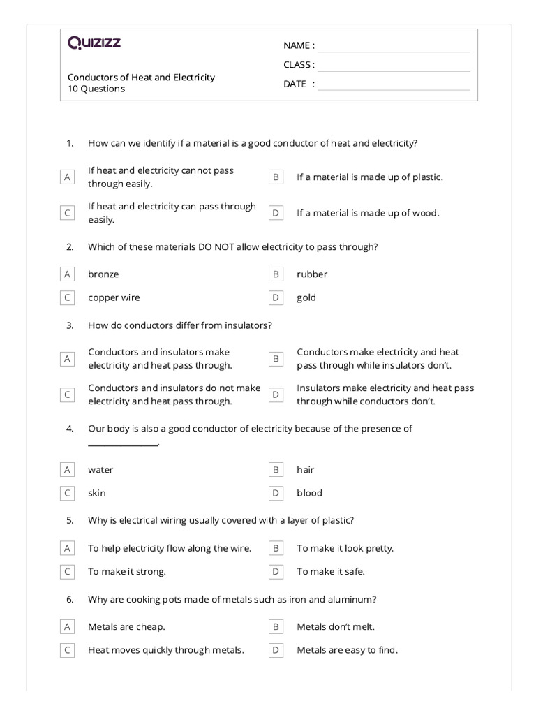 Heat & Electricity Quiz for Students | PDF | Electrical Conductor ...