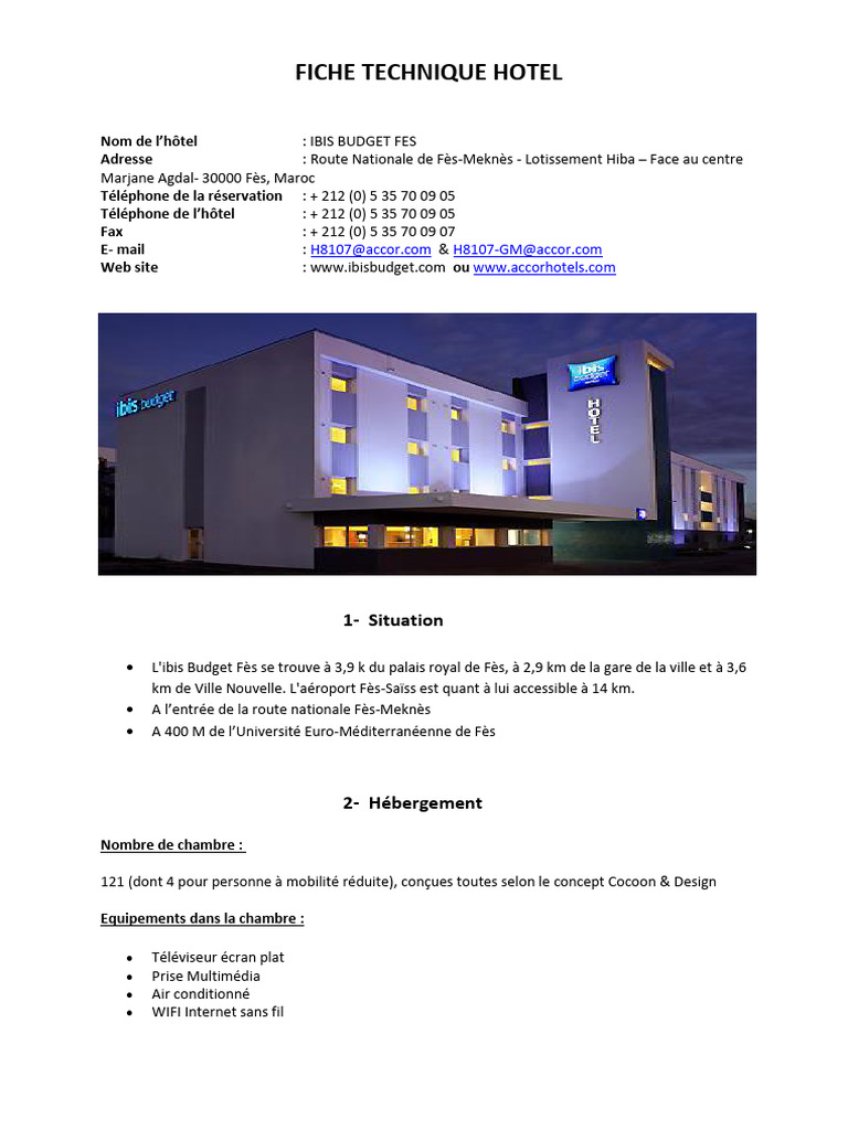 Fiche Technique Hotel Ibis Budget Fes | PDF
