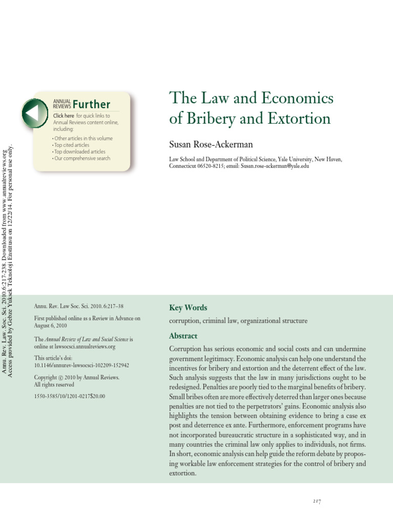 Rose-Ackerman - The Law and Economics of Bribery and Extortion | PDF