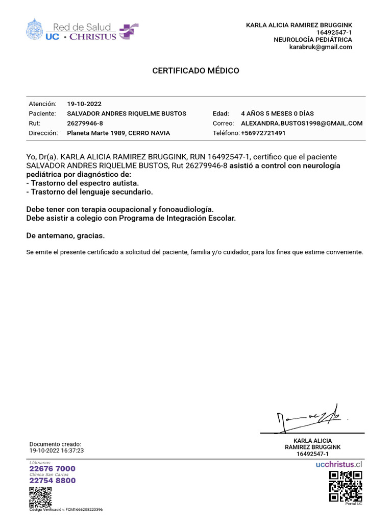 Certificado Médico: Documento Creado: 19-10-2022 16:37:23 Karla Alicia Ramirez Bruggink 16492547 ...