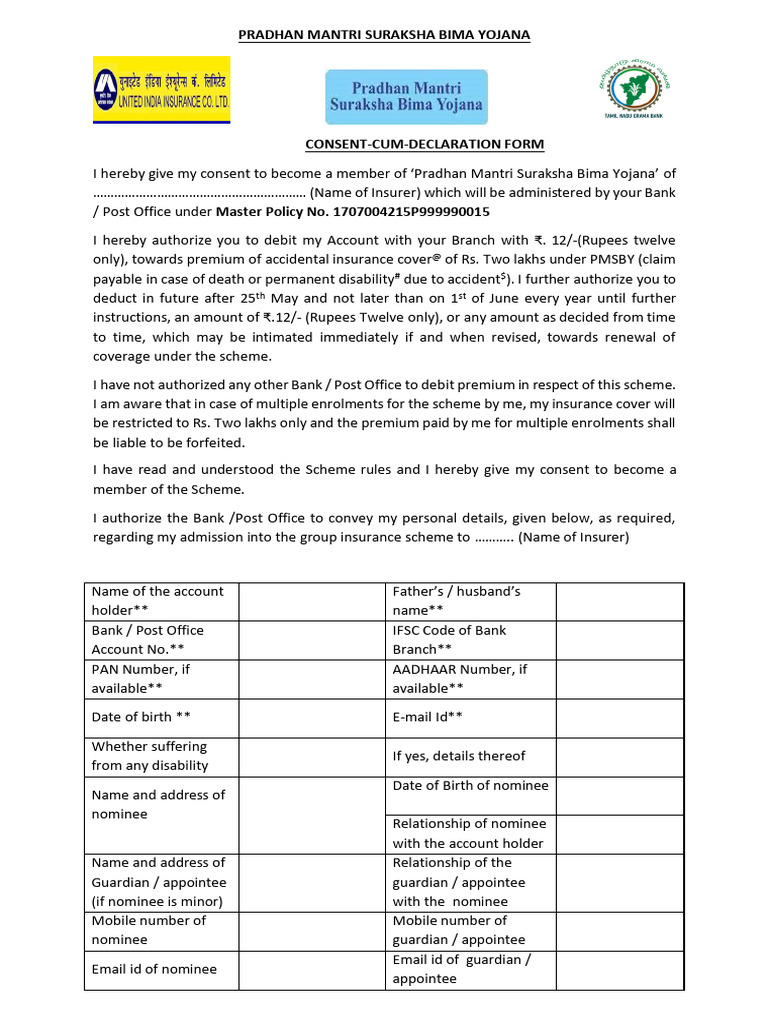 Annexure 2 - PMSBY Consent Cum Declaration Form | PDF | Financial Services | Government