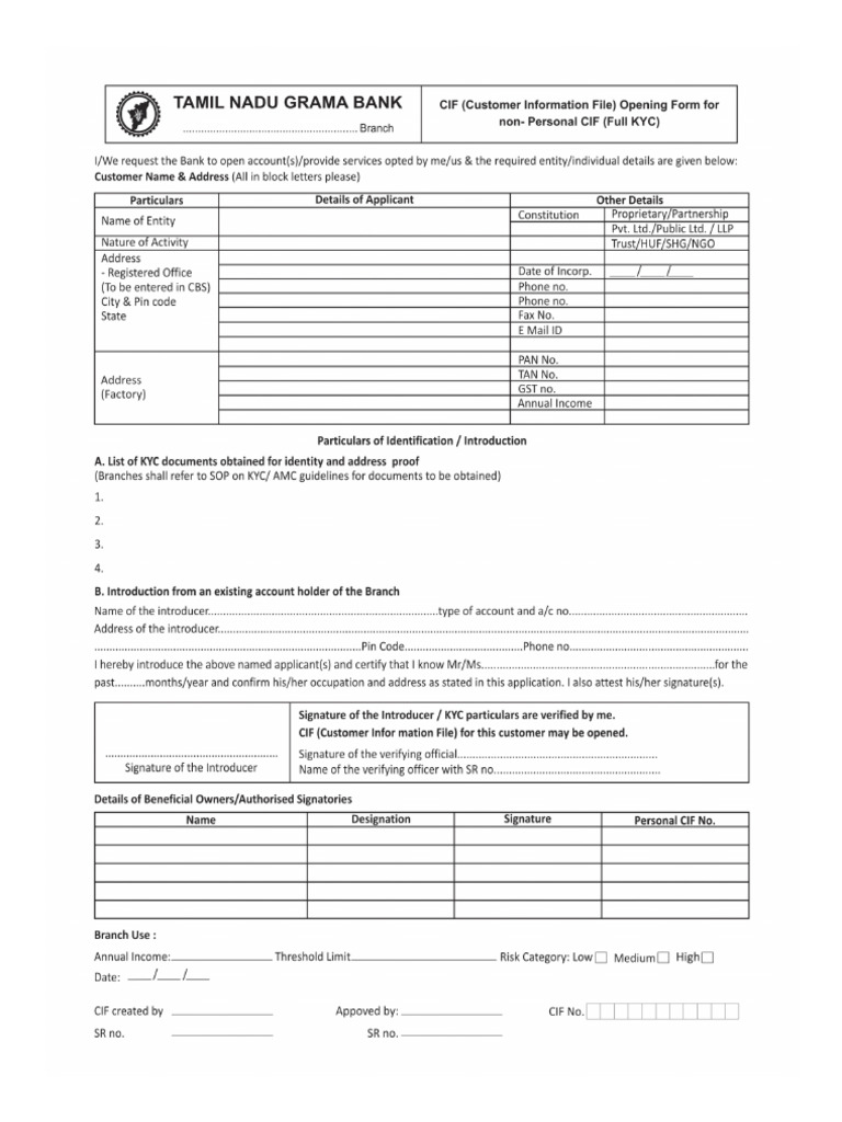 CIF Opening Form (Non Personal) - English | PDF