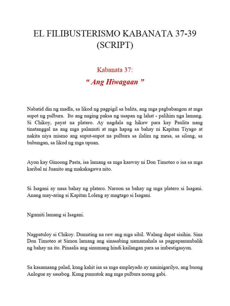 EL FILI KABANATA Summary 37-39 D2 SCRIPT | PDF