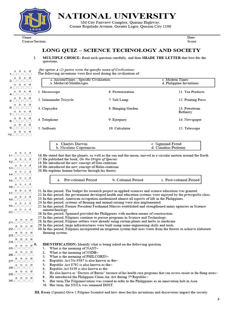 STS Long Quiz | PDF | Science | Philippines
