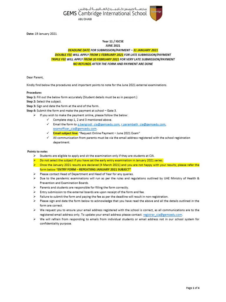 Y11 - External Examination Entry Form - June 2021 | PDF