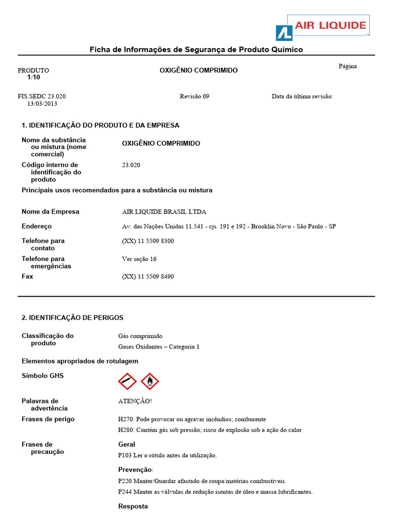 FISPQ Oxigenio Air Liquide | PDF | Oxigênio | Química