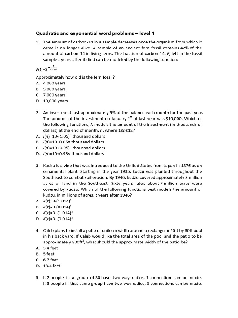 Quadratic and Exponential Word Problems - Level 4 | PDF