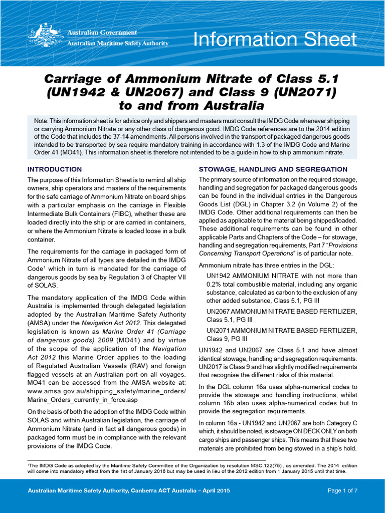 Safe Carriage of Ammonium Nitrate | PDF | Chemistry | Physical Sciences