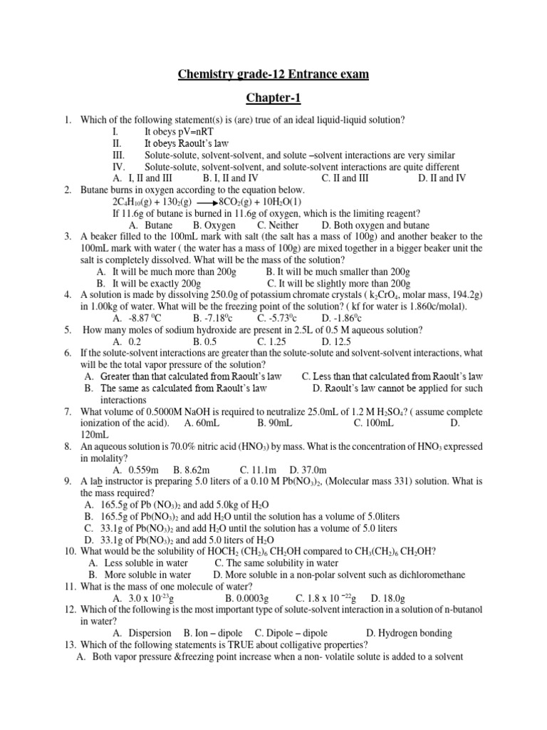 Chemistry Grade 12 Unit - 1 Quetions | PDF | Solubility | Nitric Acid