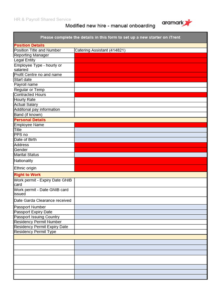 Aramark Blank New HIre Form Need Passport Number | PDF
