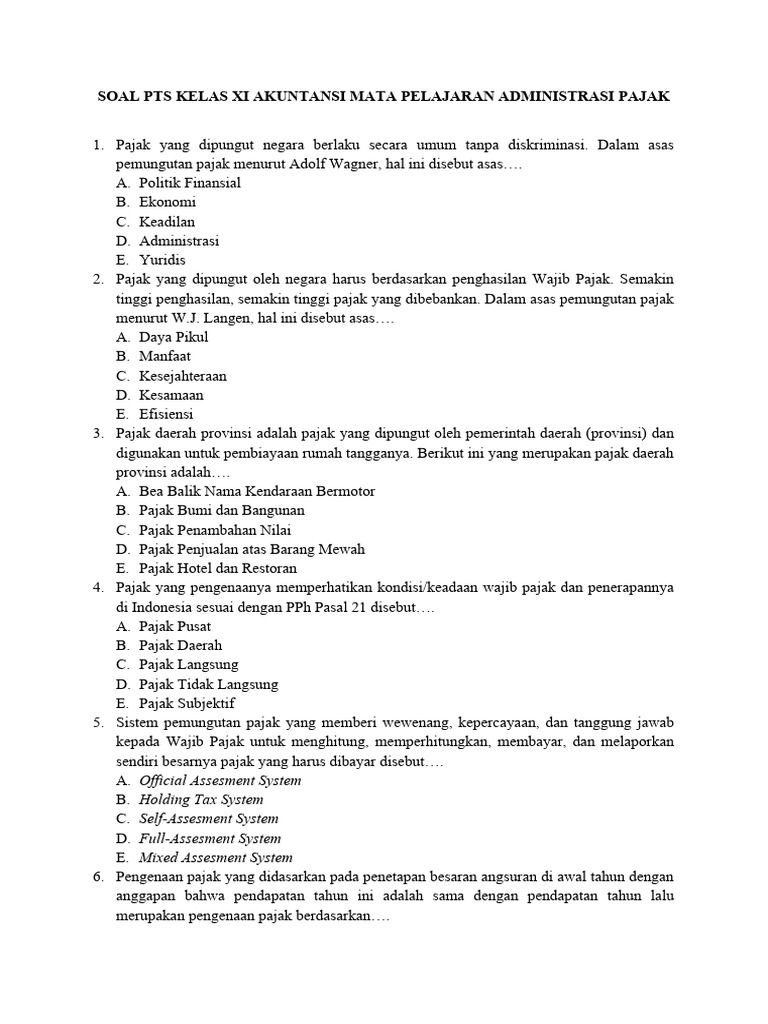 Soal PTS Kelas Xi Akuntansi Mata Pelajaran Administrasi Pajak | PDF