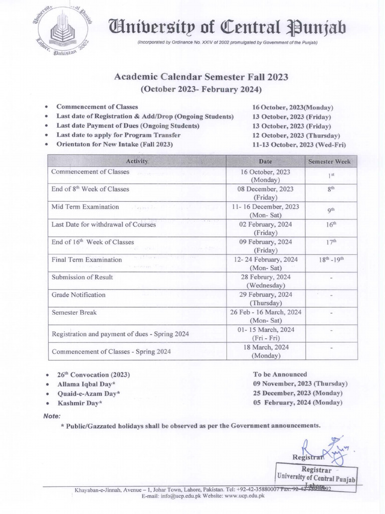 Academic Calender Fall 2023 (Oct 23 - Feb 24) | PDF