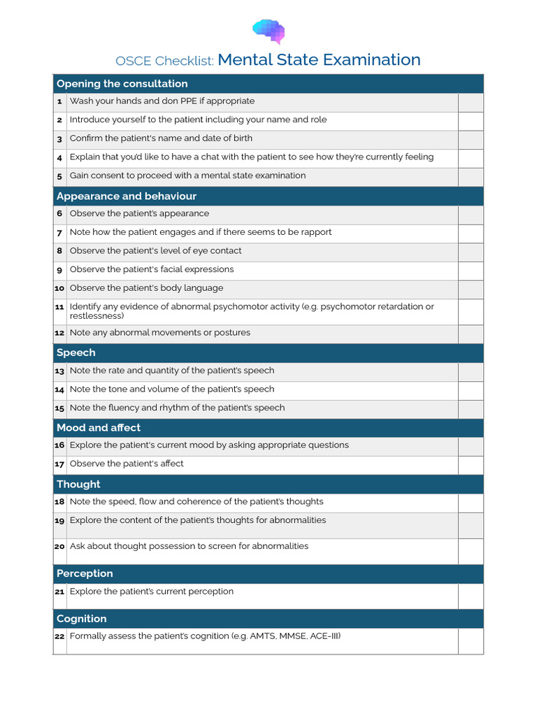 OSCE Checklist Mental State Examination MSE | PDF