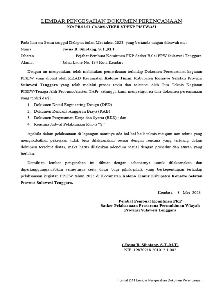 Lembar Pengesahan Dokumen Perencanaan | PDF