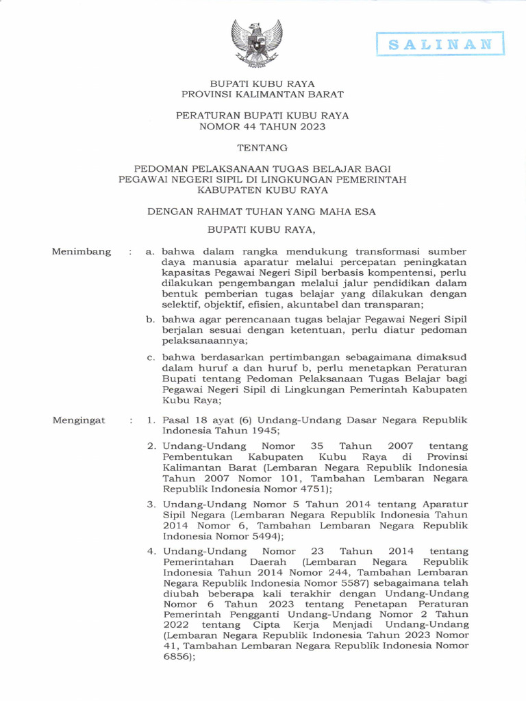 Perbub Kubu Raya No 44 TH 2023 TTG Pedoman Pelaksanaan Tubel KKR | PDF