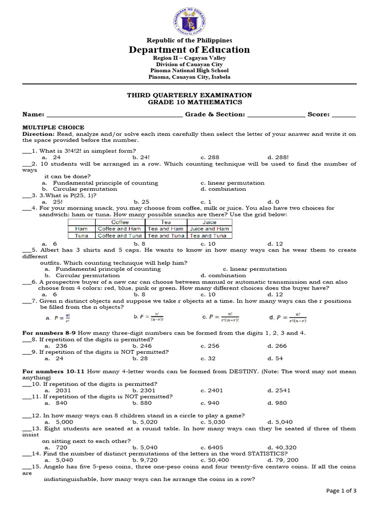 MATH 10 Test Questions SY 2022-2023 QIII | PDF | Permutation | Mathematics MATH 10 Test Questions SY 2022-2023 QIII | PDF | Permutation | Mathematics