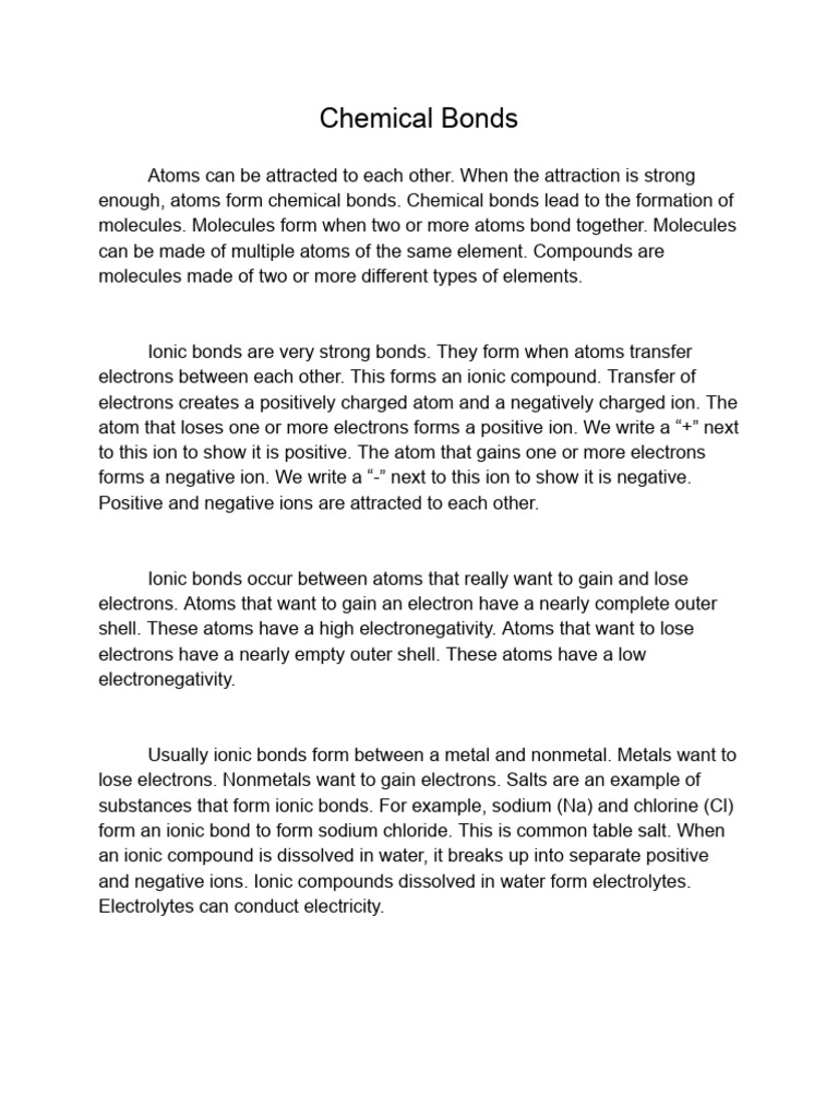 Chemical Bonds Reading Comprehension | PDF | Ion | Chemical Bond
