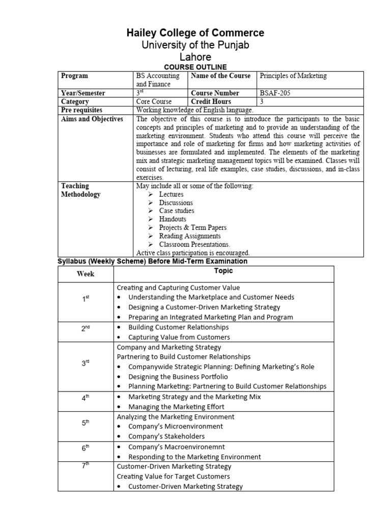 Principles of Marketing - Course Outline HCC | PDF