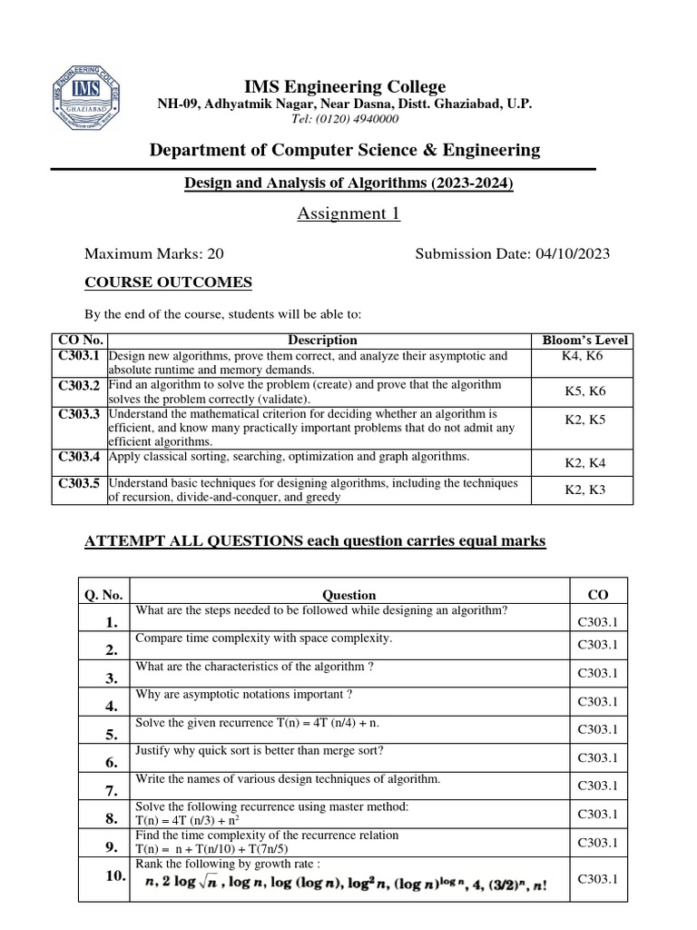 DAA Assignment 1 | PDF | Algorithms | Computational Complexity Theory
