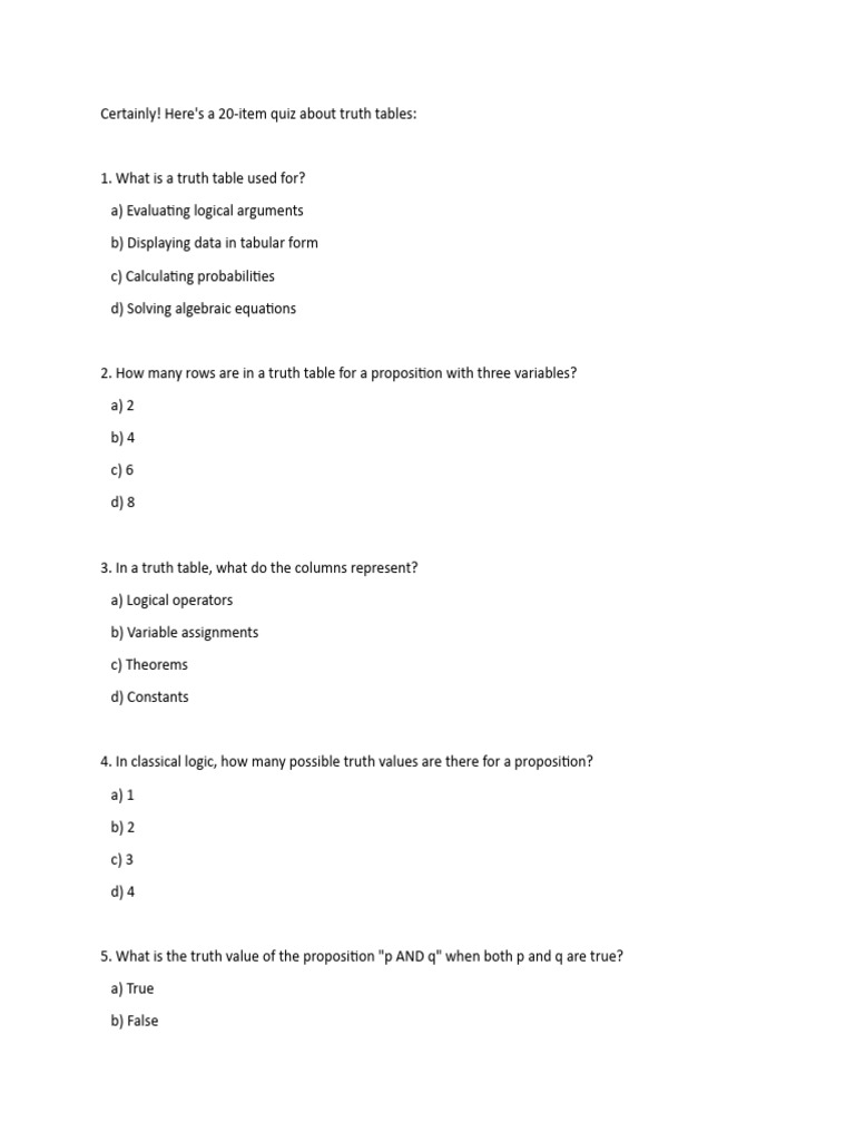 Truth Table Quiz with Answers | PDF | Foreign Language Studies ...