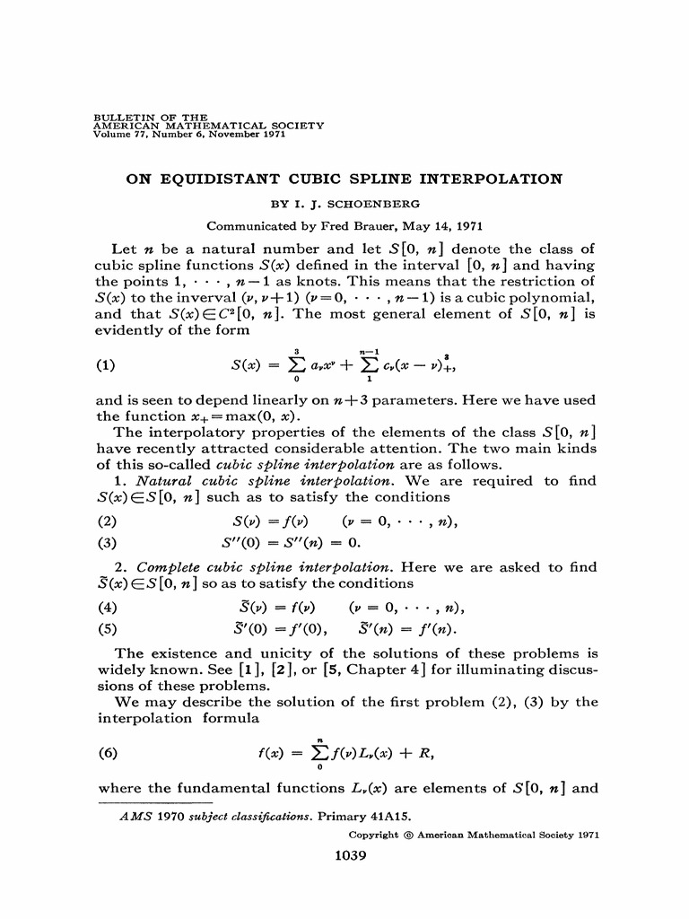 1971 On Equidistant Cubic Spline Interpolation Schoenberg Pdf Spline Mathematics