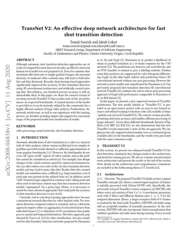 (2020) TransNet V2 - An Effective Deep Network Architecture For Fast Shot Transition Detection ...