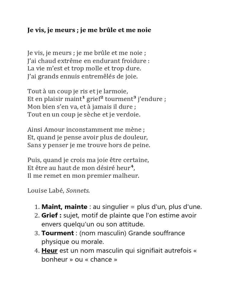 Poème "Je vis, je meurs" de Louise Labé | PDF