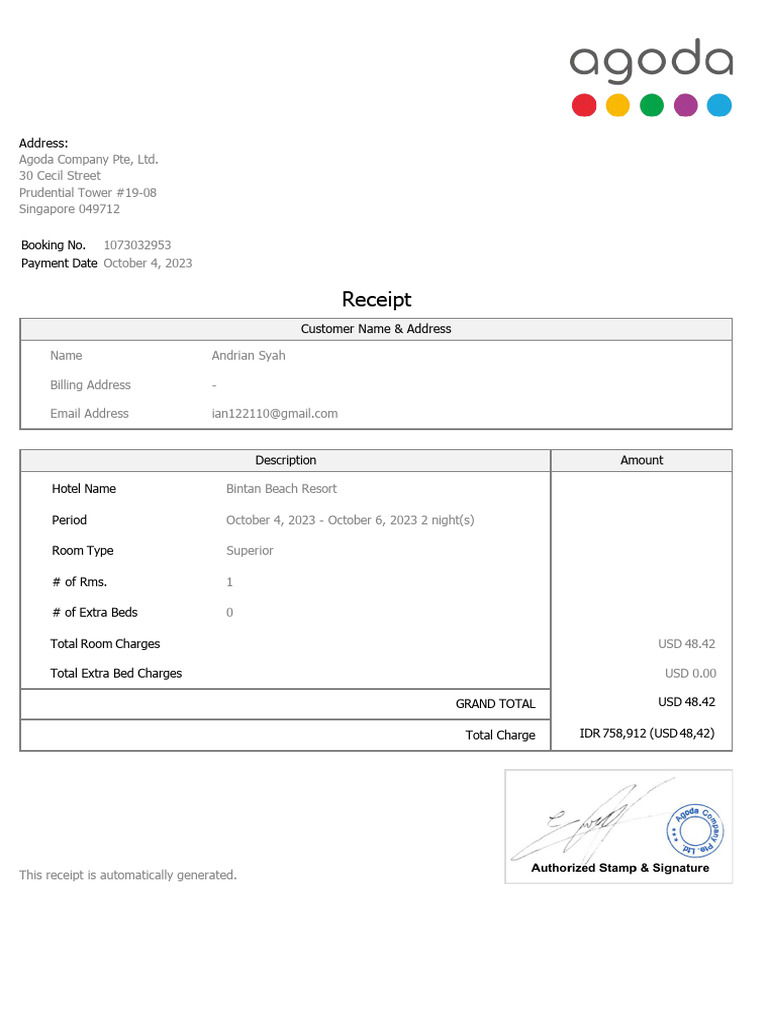 Agoda Booking ID 1073032953 - RECEIPT Enclosed | PDF