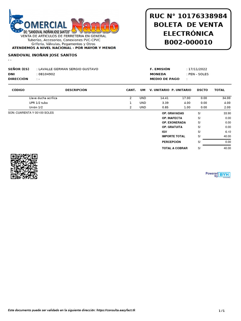 Boleta de Venta Electrónica Sandoval | PDF