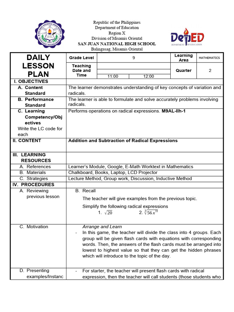 Math 9 DLP | PDF | Learning | Teachers