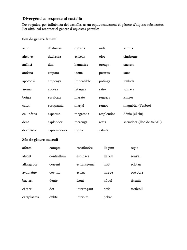 Divergències Gènere Respecte Al Castellà | PDF