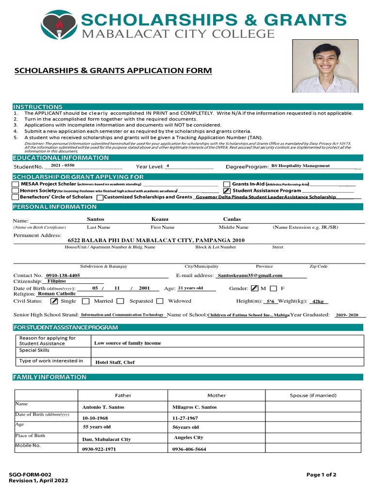 Sgo Form 002 Application Form Rev | PDF