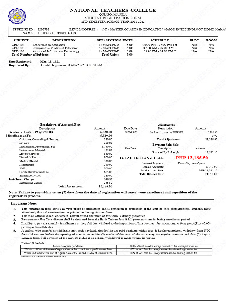 National Teachers College: Student Registration Form | PDF