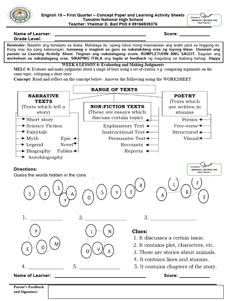 Activity Sheet Melc 6 Eng 10 | PDF