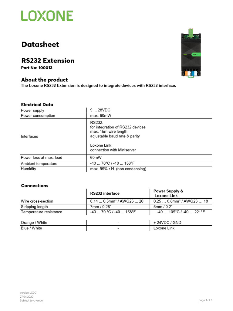 12 Loxone Datasheet - RS232 - Extension | PDF