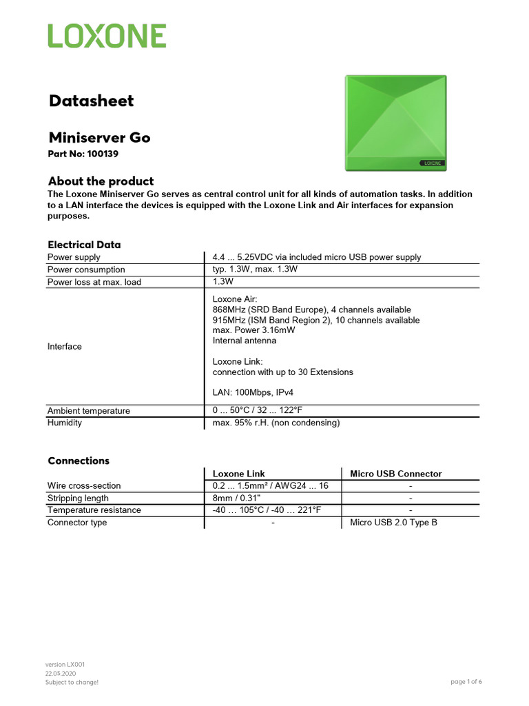 13 Loxone Datasheet - MiniserverGo | PDF