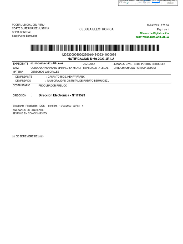 Exp. 00104-2023-0-3402-JM-LA-01 - Cédula - 00060-2023 | PDF