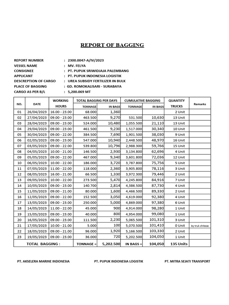 Report of Bagging MV. FELYA | PDF