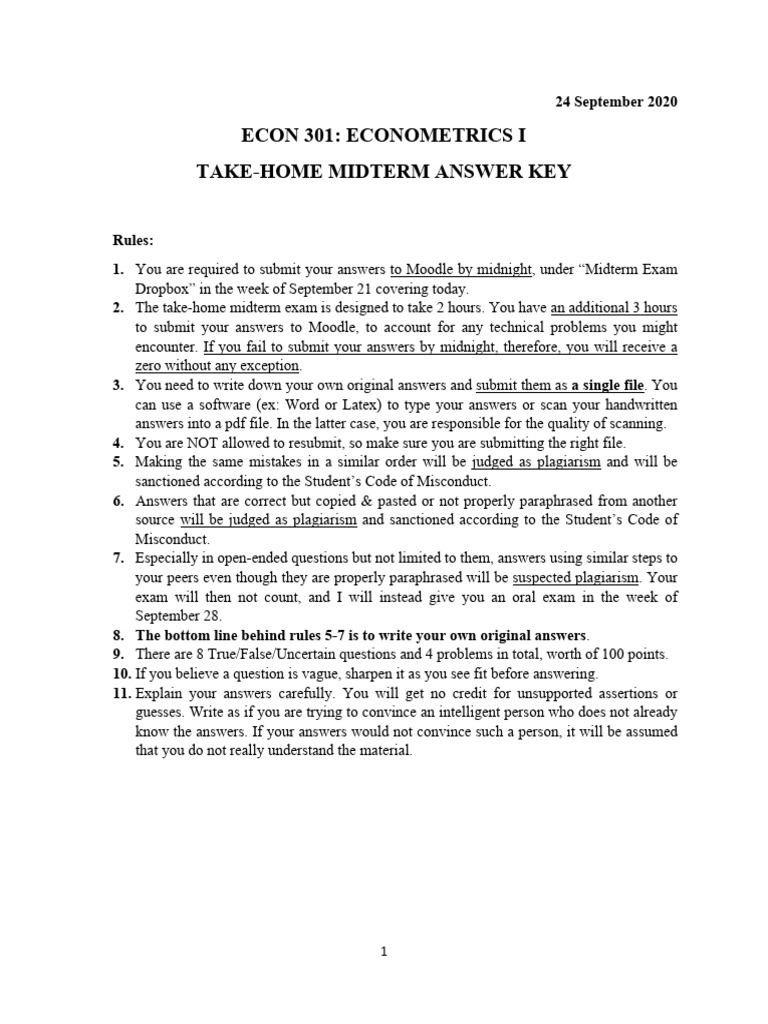 ECON 301 - Midterm - F2020 Answer Key - pdf-1601016920671 | PDF | Ordinary Least Squares ...