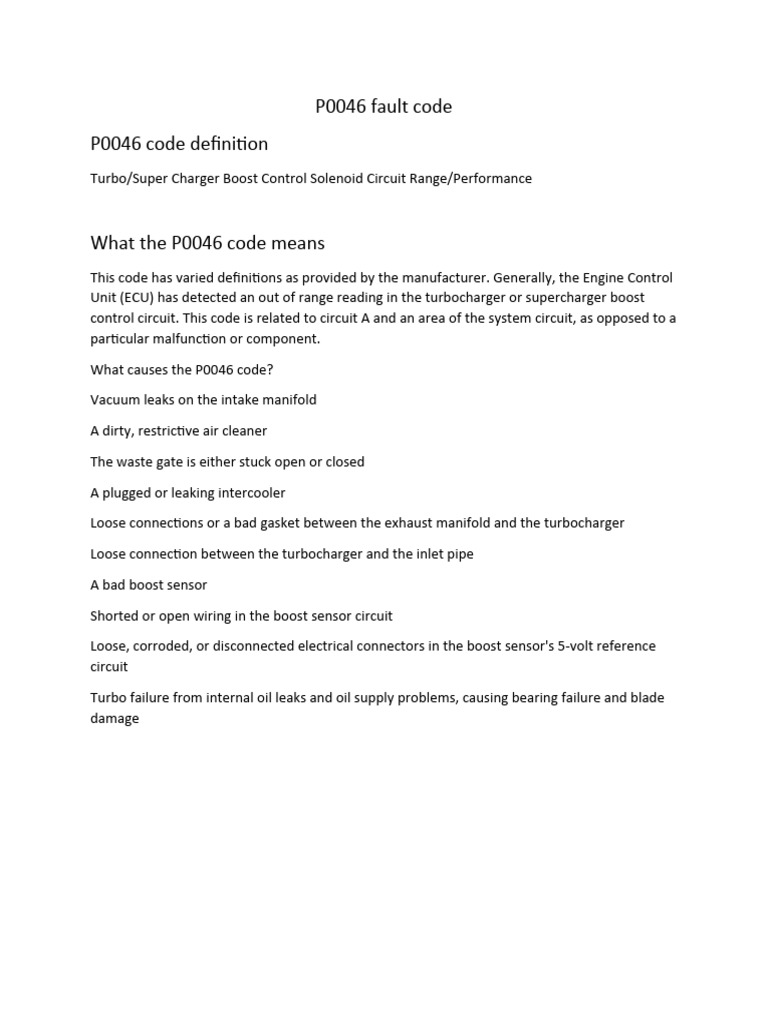 P0046 Fault Code Explanation and Causes | PDF | Turbocharger ... P0046 Fault Code Explanation and Causes | PDF | Turbocharger ...