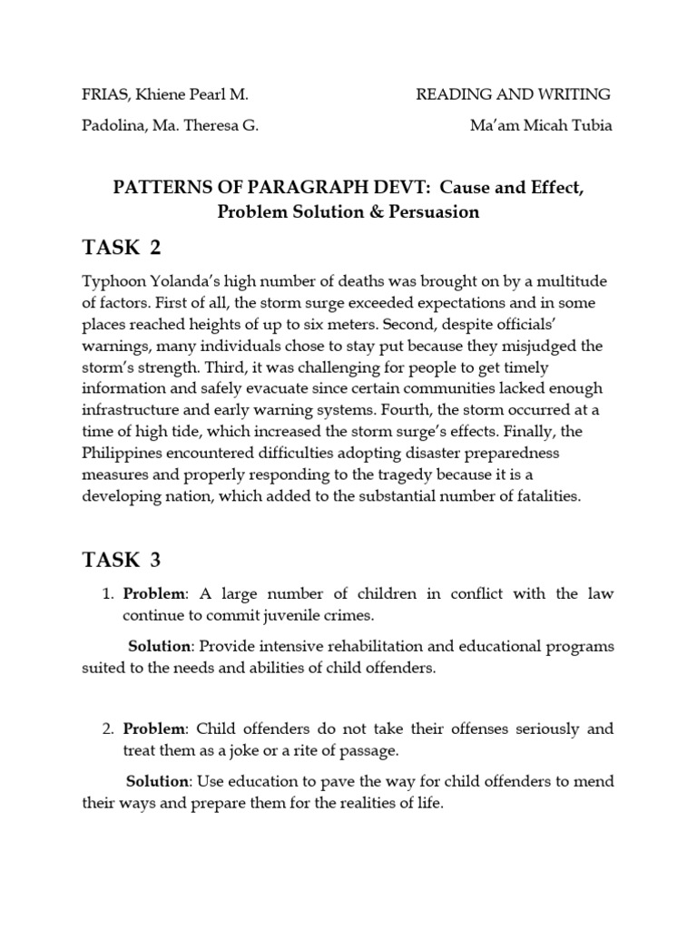 Task 2: Patterns of Paragraph Devt: Cause and Effect, Problem Solution ...