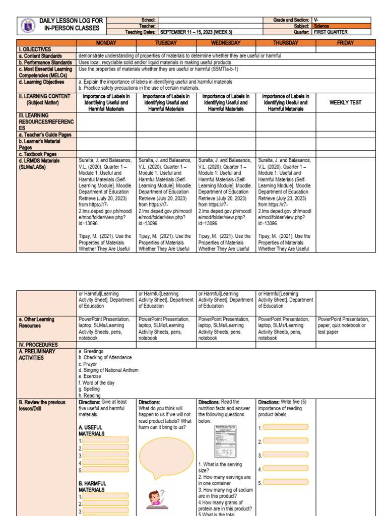 G5 Q1W3 DLL SCIENCE (MELCs) | PDF | Toxicity | Hazards