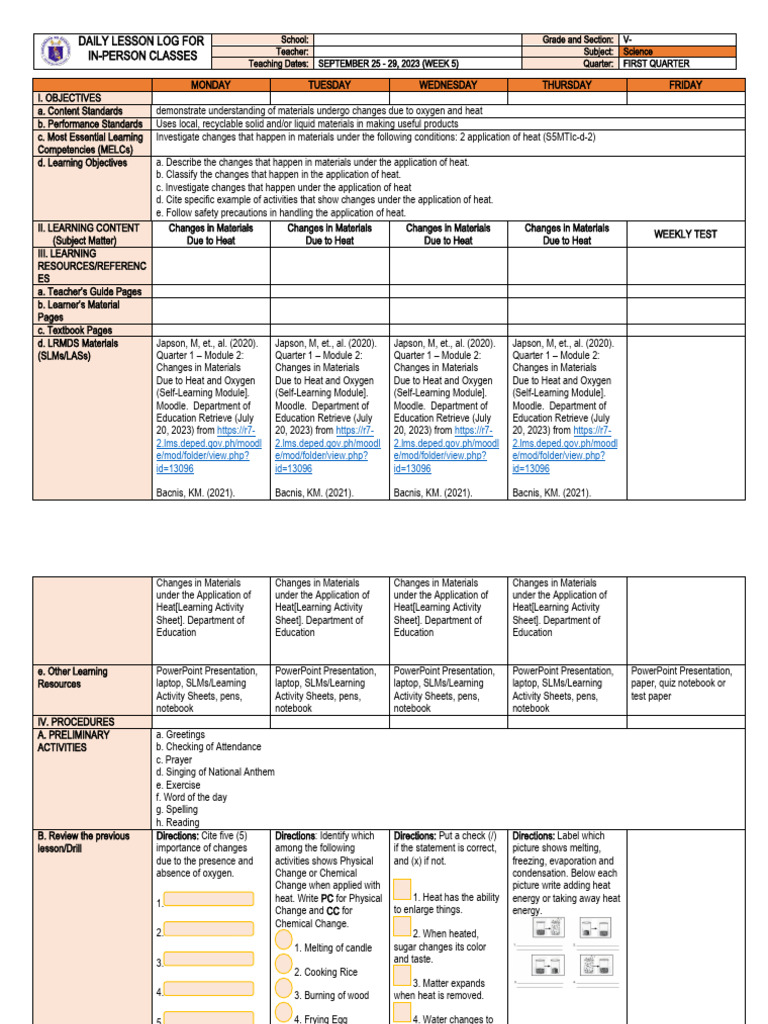 G5 Q1W5 DLL SCIENCE (MELCs) | PDF