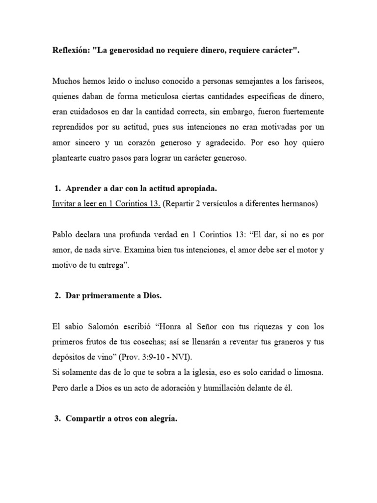 Reflexión - La Generosidad No Requiere Dinerom Requiere Carácter | PDF | Amor | Dios